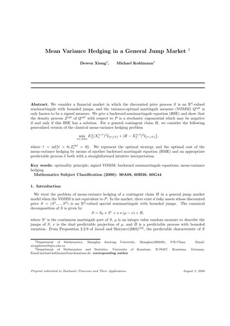 Pdf Mean Variance Hedging In A General Jump Market