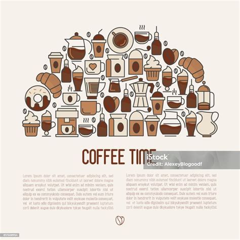 요리 원두 커피 크로와상 케이크 상점 카페 메뉴 또는 웹 사이트에 대 한 장비의 얇은 라인 아이콘으로 커피 시간 개념 벡터 일러스트입니다 카페에 대한 스톡 벡터 아트 및