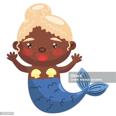 문자 인어 어린 소녀의 벡터 그림입니다 파란 꼬리와 금발 머리를 가진 검은 피부인 인어가 미소짓고 웃는다 0명에 대한 스톡 벡터 아트 및 기타 이미지 Istock