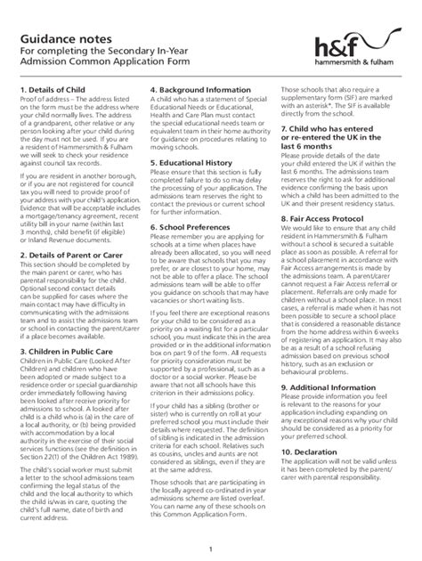 Fillable Online Handf Guidance Notes For Completing The Secondary Admission Common Application