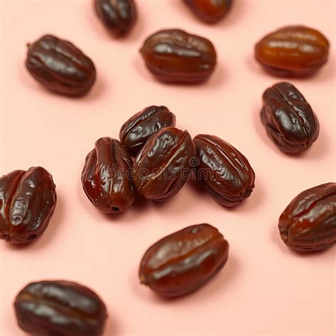A Cluster Of Dried Dates Glistening On A Pastel Coral Background Stock Illustration