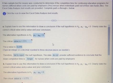 Solved Exces Data Analysis Tool Resultsa Two Sample Test For