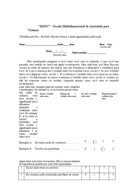 Masc Escala Multidimensional De Ansiedade Para Crianças Um