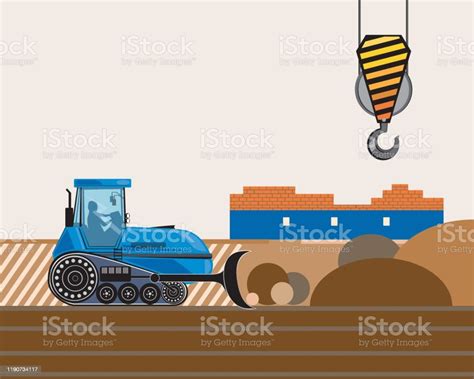 크롤러 트랙터는 집의 건설 중에 작동하고 양동이 트랙터 벽돌 집과 크레인 벡터 그림으로 땅을 지웁니다 0명에 대한 스톡 벡터 아트 및 기타 이미지 Istock