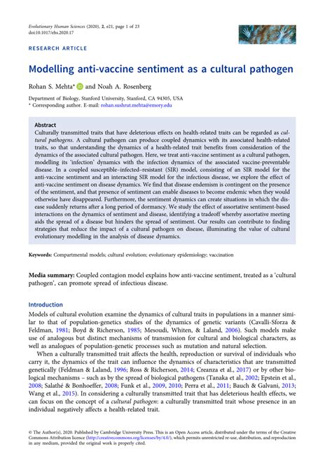 Pdf Modelling Anti Vaccine Sentiment As A Cultural Pathogen