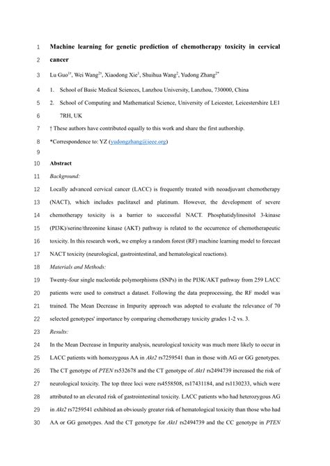 Pdf Machine Learning For Genetic Prediction Of Chemotherapy Toxicity In Cervical Cancer