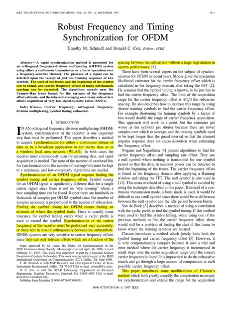 Robust Frequency And Timing Synchronization For Ofdm Timothy M Schmidl Pdf Orthogonal
