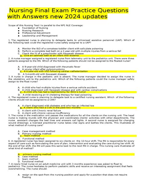 Nursing Final Exam Practice Questions With Answers New 2024 Updates Exams Nursing Docsity