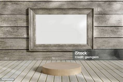 Abstact 3d 렌더링 장면 및 자연 연단 배경 나무 바닥 배경에 나무 둥근 연단 제품 전시 등을 위한 액자 또는 창이 있는