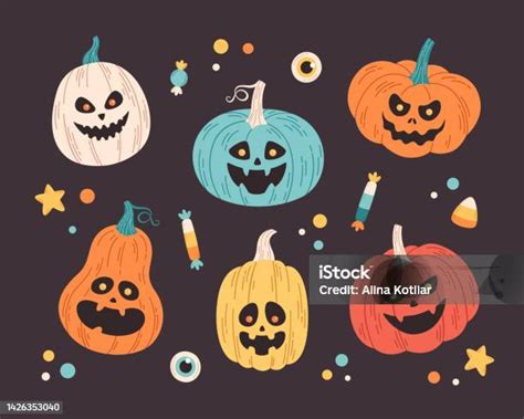 할로윈 호박 컬렉션 잭 오랜턴 행복한 할로윈 트릭 또는 치료 할로윈 요소 손으로 그린 벡터 일러스트 레이 션 할로윈에 대한 스톡