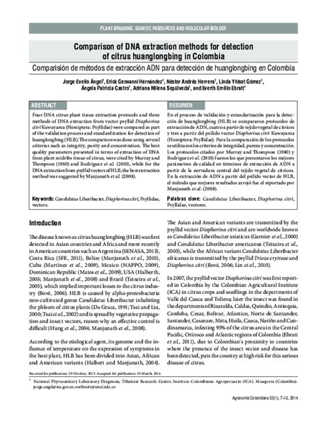 Pdf Comparison Of Dna Extraction Methods For Detection Of Citrus Huanglongbing In Colombia