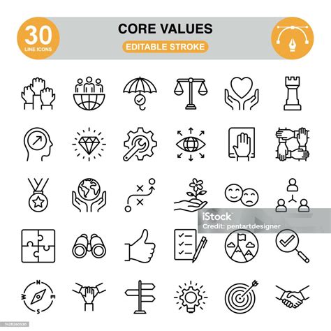 핵심 값 아이콘 집합입니다 편집 가능한 스트로크 픽셀 완벽한 아이콘 세트에는 사람들 우산 다이아몬드 엄지 손가락 퍼즐 대상 전구 메달 기어 비늘 등과 같은 아이콘이 포함되어