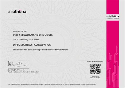 Completed Data Analytics Diploma By Uniathena Pritam S Chougule