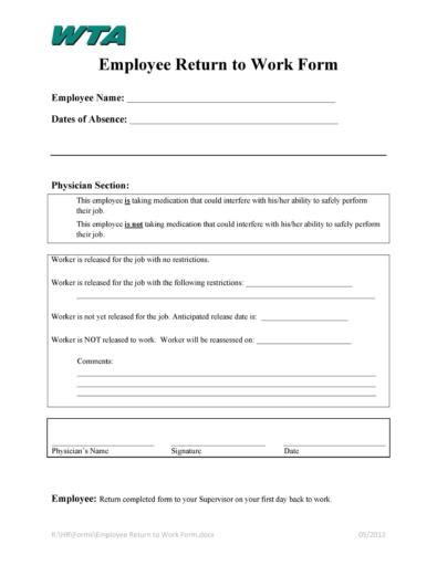 Best Return To Work Work Release Forms ᐅ TemplateLab