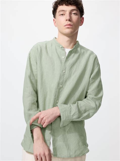 Mens Premium Linen Stand Collar Shirt Long Sleeve Uniqlo In