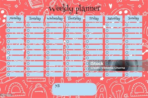 학교 용품 품목이있는 낙서 핑크 배경에 아이들을위한 주간 플래너 고정 일정 목록 학교 시간표 과외 활동을위한 다채로운 벡터 일러스트레이션 0명에 대한 스톡 벡터 아트 및