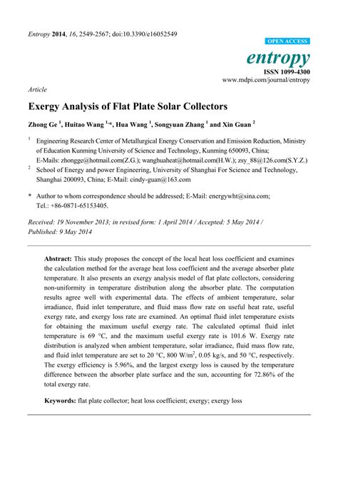 Pdf Exergy Analysis Of Flat Plate Solar Collectors