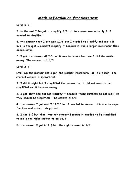 Fractions Test Reflection Pdf