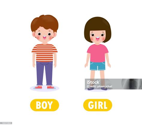 반대 소년과 소녀 만화 캐릭터 행복 귀여운 소녀와 소년과 아이들을위한 단어 안토니움 흰색 배경에 고립 플랫 벡터 일러스트 개념에 대한 스톡 벡터 아트 및 기타 이미지