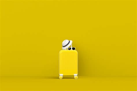 노란색 배경에 선글라스와 모자와 현대 노란색 가방 가방 여행 개념 휴가 여행 공간을 복사합니다 최소한의 스타일 3d 렌더링 일러스트레이션 3차원 형태에 대한 스톡 사진 및