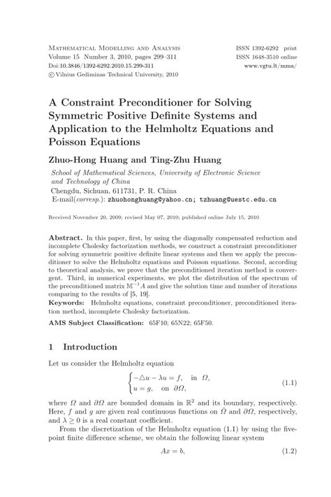 Pdf A Constraint Preconditioner For Solving Symmetric Positive Definite Systems And