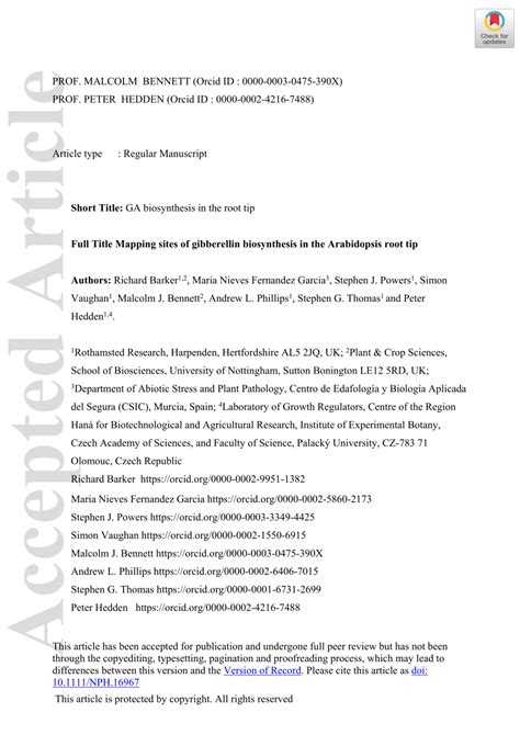 Pdf Mapping Sites Of Gibberellin Biosynthesis In The Arabidopsis Root Tip