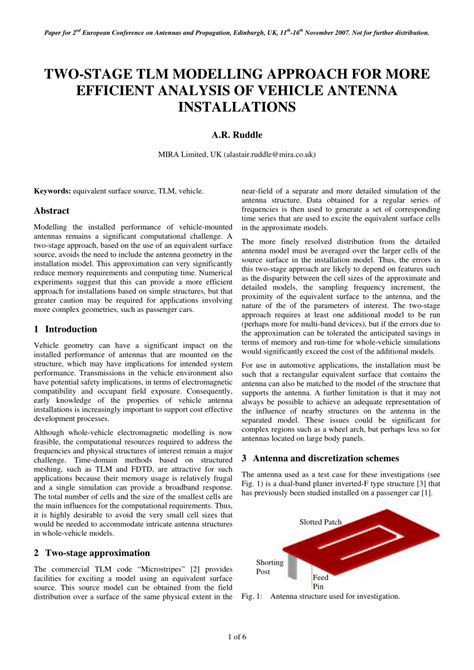 Pdf Two Stage Tlm Modelling Approach For More Efficient Analysis Of Vehicle Antenna Installations