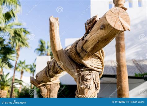 Wooden Poles Tied By A Thick Rope Stock Image Image Of Wall Wooden
