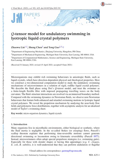 Pdf Q Tensor Model For Undulatory Swimming In Lyotropic Liquid Crystal Polymers