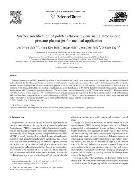 Pdf Surface Modification Of Polytetrafluoroethylene Using Atmospheric