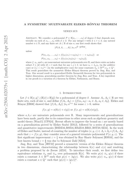 Pdf A Symmetric Multivariate Elekes R O Nyai Theorem