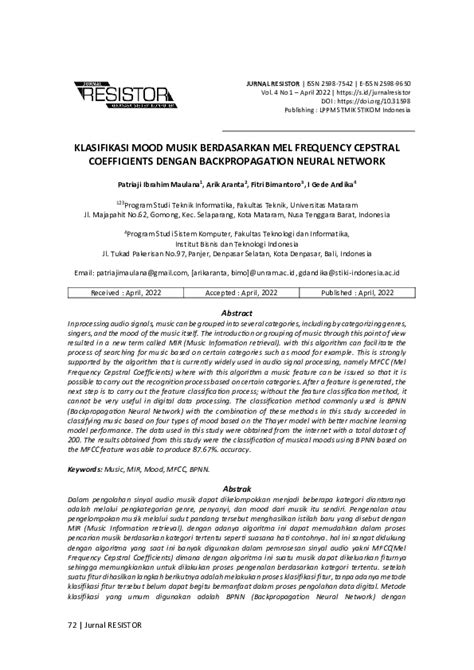 Pdf Klasifikasi Mood Musik Berdasarkan Mel Frequency Cepstral Coefficients Dengan