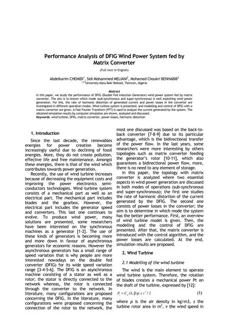Pdf Performance Analysis Of Dfig Wind Power System Fed By Matrix Converter Full Text In English