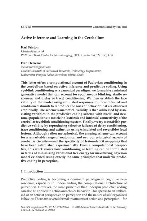 Pdf Active Inference And Learning In The Cerebellumkarl Active