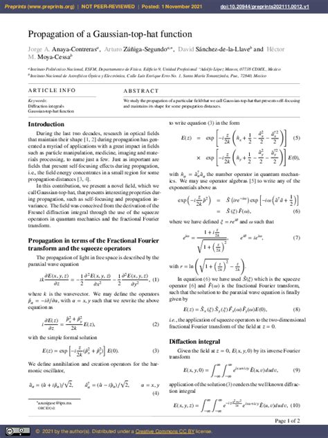 Pdf Propagation Of A Gaussian Top Hat Function