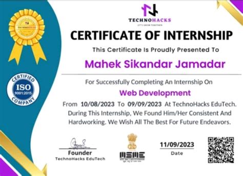 Mahek Jamadar On Linkedin Technohacksedutech Internship Technohackse