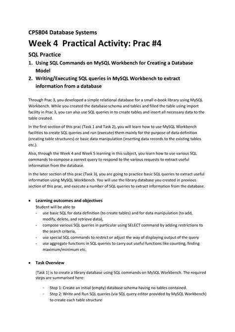 Prac04 Week4 SQL Practice I CP5804 Database Systems Week 4 Practical Activity Prac SQL