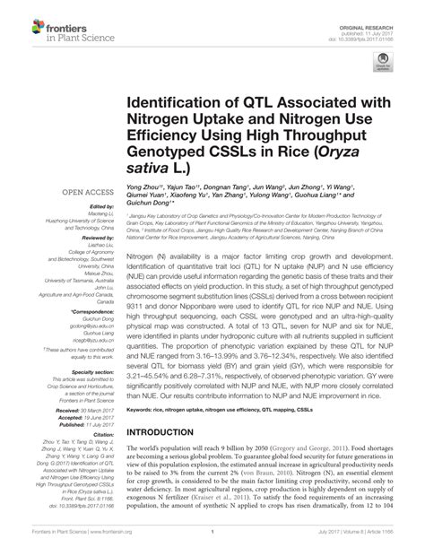 Pdf Identification Of Qtl Associated With Nitrogen Uptake And Nitrogen Use Efficiency Using