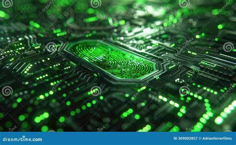 Green Glowing Circuit Board With A Digital Fingerprint Pattern Stock Illustration