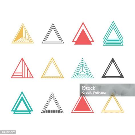 트렌디한 색상 실루엣과 선 정삼각형 모티프와 아이콘 디자인 요소가 흰색 배경에 설정되어 있습니다 0명에 대한 스톡 벡터 아트 및