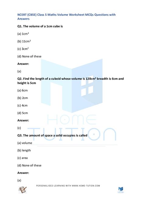 Cbse Class 5 Maths Volume Worksheet Free Pdf Home Tution