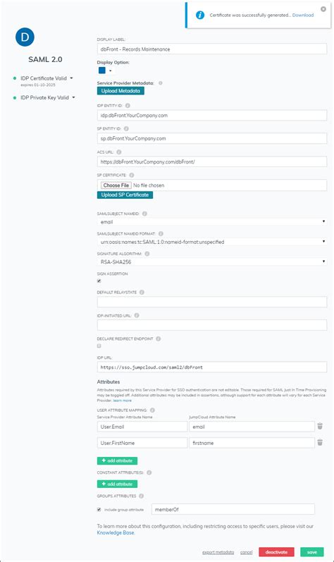 Database Front JumpCloud Single Sign On Setup DbFront