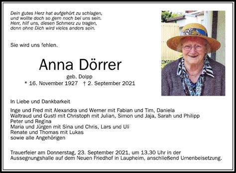 Traueranzeigen Von Anna Dörrer Schwaebische De Trauerportal