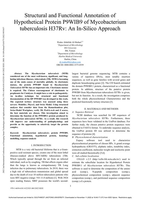 Pdf Structural And Functional Annotation Of Hypothetical Protein P9wib9 Of Mycobacterium