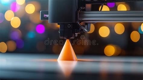 3d Printer Is Creating Orange Cone On Table Surrounded By Colorful Bokeh Lights In Lab Setting