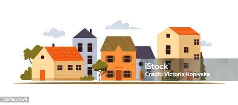 귀여운 집들 도시 거리 집 외관 고립 흰색 배경 스칸디나비아 스타일의 타운 파노라마 벡터 평면 그림입니다 0명에 대한 스톡 벡터 아트 및 기타 이미지 Istock