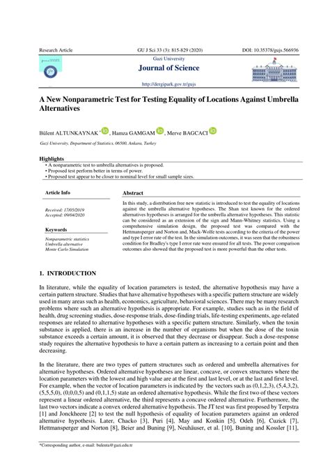 Pdf A New Nonparametric Test For Testing Equality Of Locations Against Umbrella Alternatives