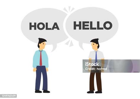 두 명의 사업가가 서로 다른 언어로 의사소통을 합니다 국제 비즈니스 또는 기업 협력의 개념 영어와 스페인어 인사하기에 대한 스톡 벡터 아트 및 기타 이미지 Istock