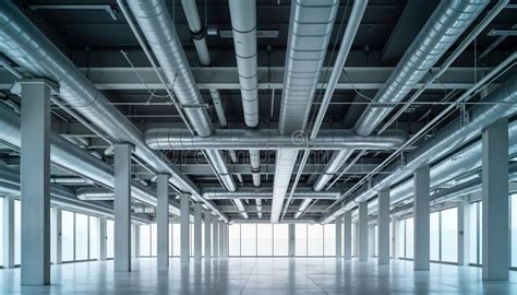 Empty Modern Industrial Interior With Exposed Ventilation Pipes