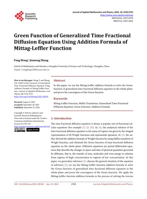 Pdf Green Function Of Generalized Time Fractional Diffusion Equation Using Addition Formula Of
